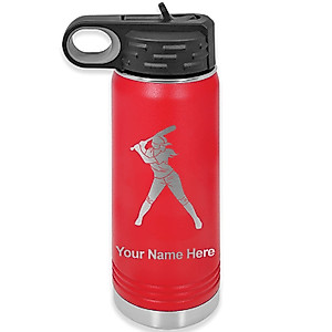 LaserGram 20oz Double Wall Flip Top Water Bottle With Straw, Softball Player Woman, Personalized Engraving Included (Red)