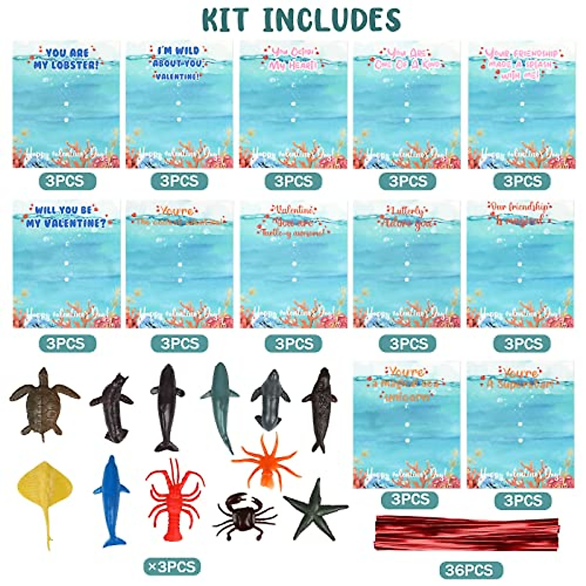 POPGIFTU 36 Pack Valentines Day Cards with Sea Animal Toys for Kids, Valentines Gift Set , Fun Valentines Party Favors for Boys Girls, Classroom Exchange Treat Prizes Bulk for School Class Teacher