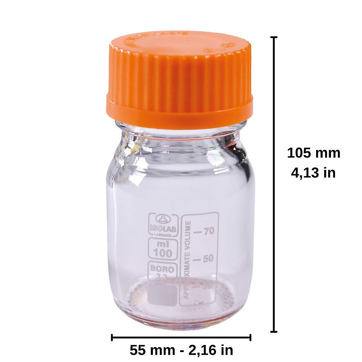ISOLAB USA – Round Media Storage Bottle, 100ml, with COLOR CODED Screw GL 45 Cap, Borosilicate 3.3 Glass, Pack of 10