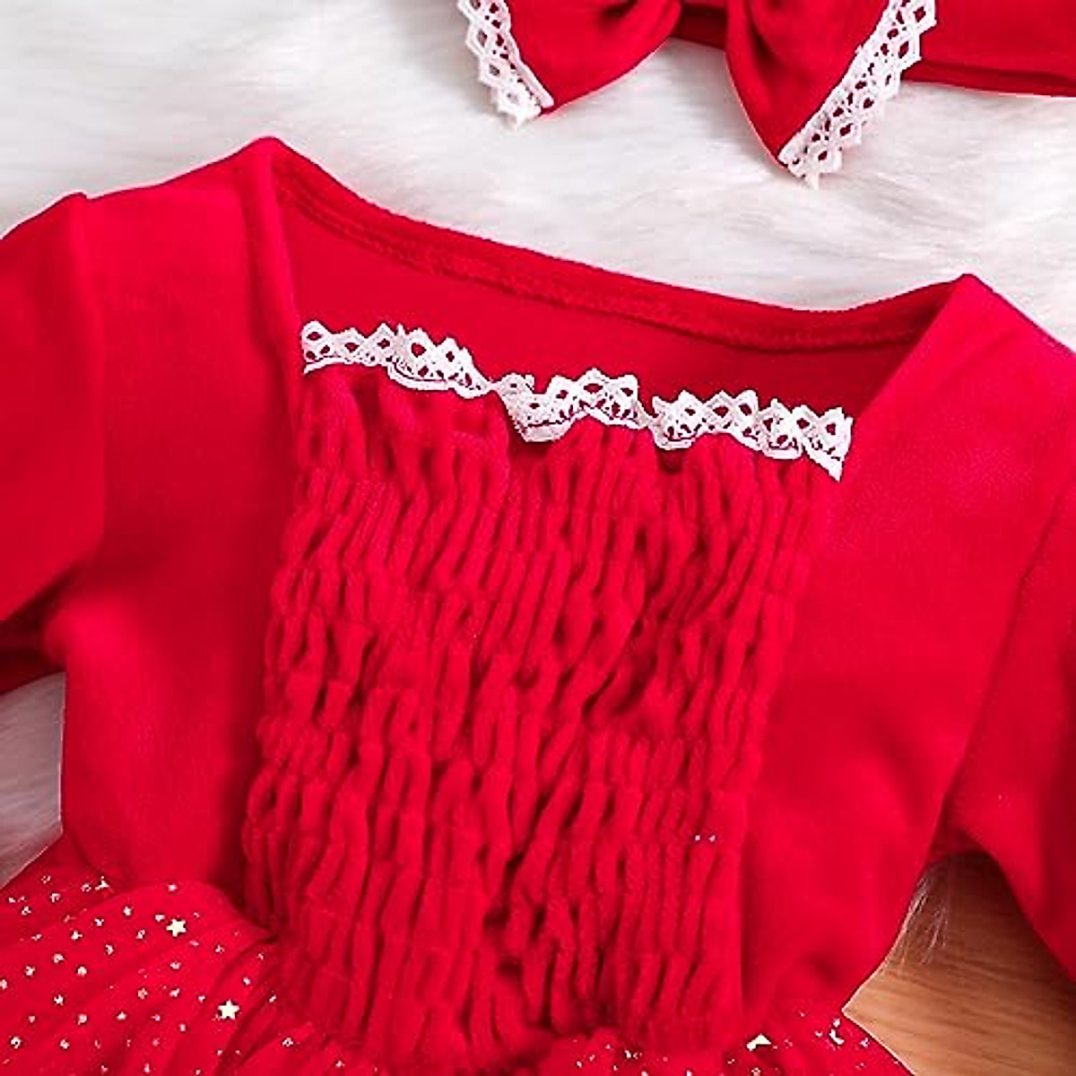 Newborn Baby Girl Christmas Outfit Long Sleeve Ruched Romper Dress Princess Tulle Dress Infant Christmas Dress(C-Red,0-6 Months)