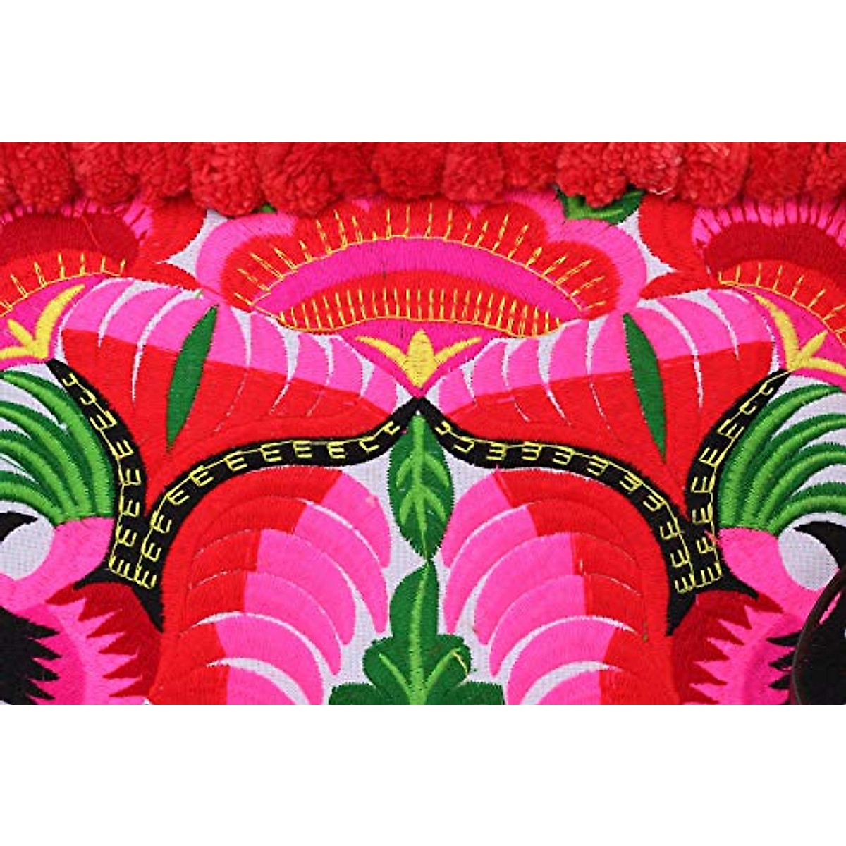 Red Pom Pom Clutch Bag with Embroidered Hmong Tribes Orchid Pattern