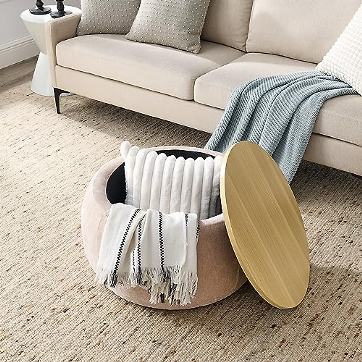 Kakotito Modern Round Storage Ottoman with Wooden Lid,Circle Ottoman Handmade Ottoman Coffee Table,End Table & Footstool for Living Room (Pink)