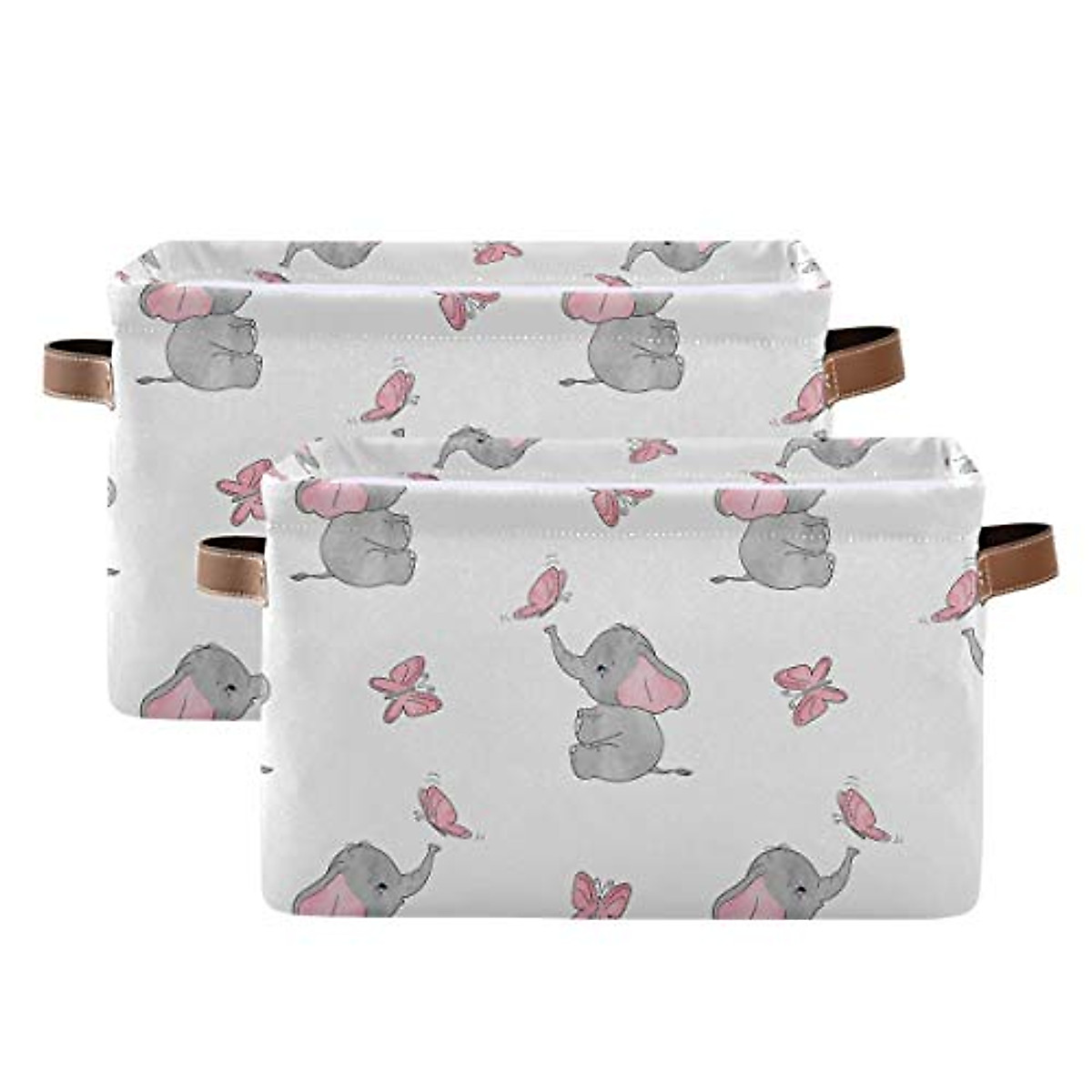 AGONA Large Foldable Storage Bin Cute Elephants Pink Butterflies Storage Bins Collapsible Decorative Fabric Storage Baskets with Leather Handles for Home Closet Bedroom Organizer Nursery 1 Pack