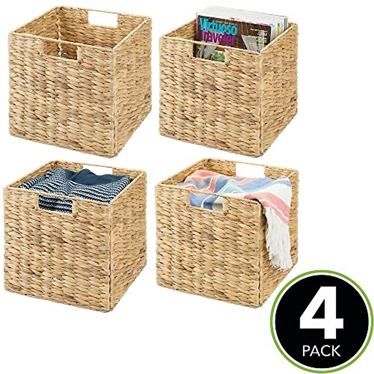 mDesign Natural Woven Hyacinth Cube Bin Basket Organizer with Handles, Storage for Bedroom, Home Office, Bathroom, Shelf and Cubby Organization, Hold Blankets, Magazines, Books, 4 Pack, Natural/Tan
