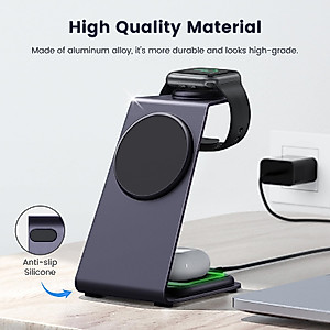 3 in 1 Wireless Charging Station, LEKOYE Magnetic Aluminum Alloy Wireless Charger for iPhone 15/14/13/12 Series, Fast Charging Stand for Multiple Devices Apple Watch & AirPods(with 20W Adapter) - Gray