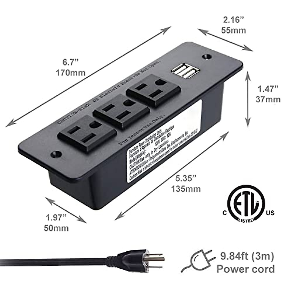 Conference Recessed Power Strip with USB 3 Outlets 1875W/12amp 2 USB Ports 2.1amp 10ft Power Cord Black