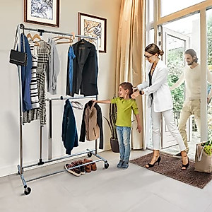 Tatkraft Marvel Heavy Duty Adjustable Clothes Rack on Wheels, Rolling Double Rod Garment Rack, Chromed Steel