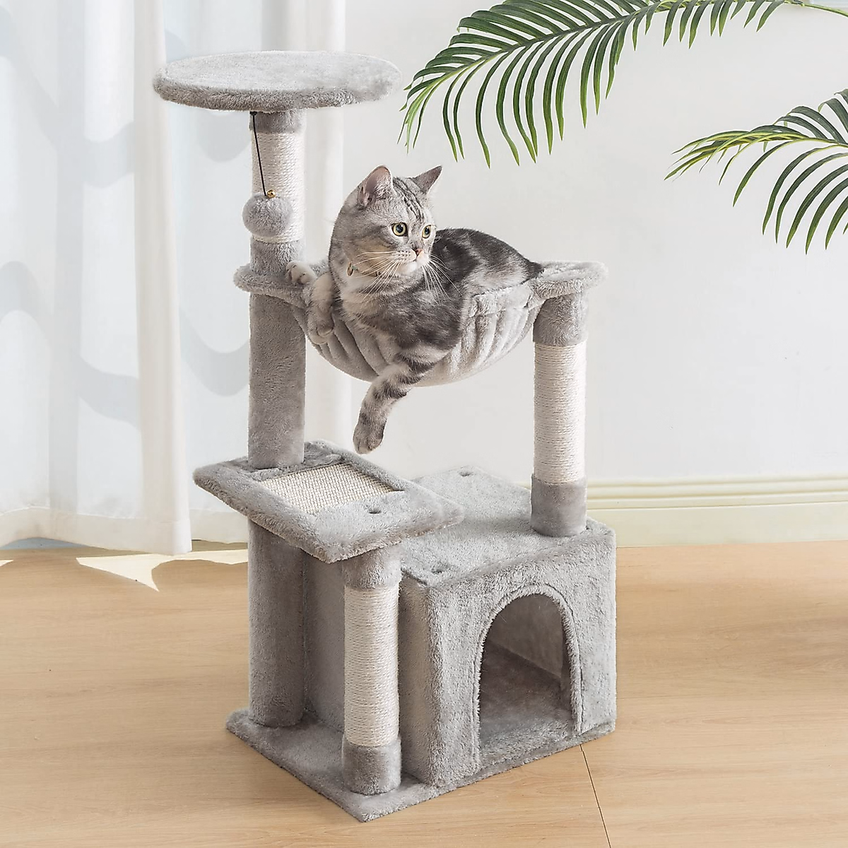 Kilodor Cat Tree, Small Cat Condo Tower with Hammock, Sisal Scratching Post for Kitten Grey