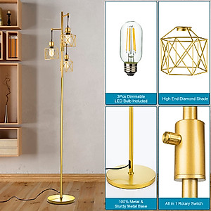 Lightdot 68IN Dimmable (Brightness Adjustable) Floor Lamp Diamond Cage Gold Tree Floor Lamps for Living Room 3000K Warm Soft Brightness LED Standing Lamp - E26 LED Bulb Included