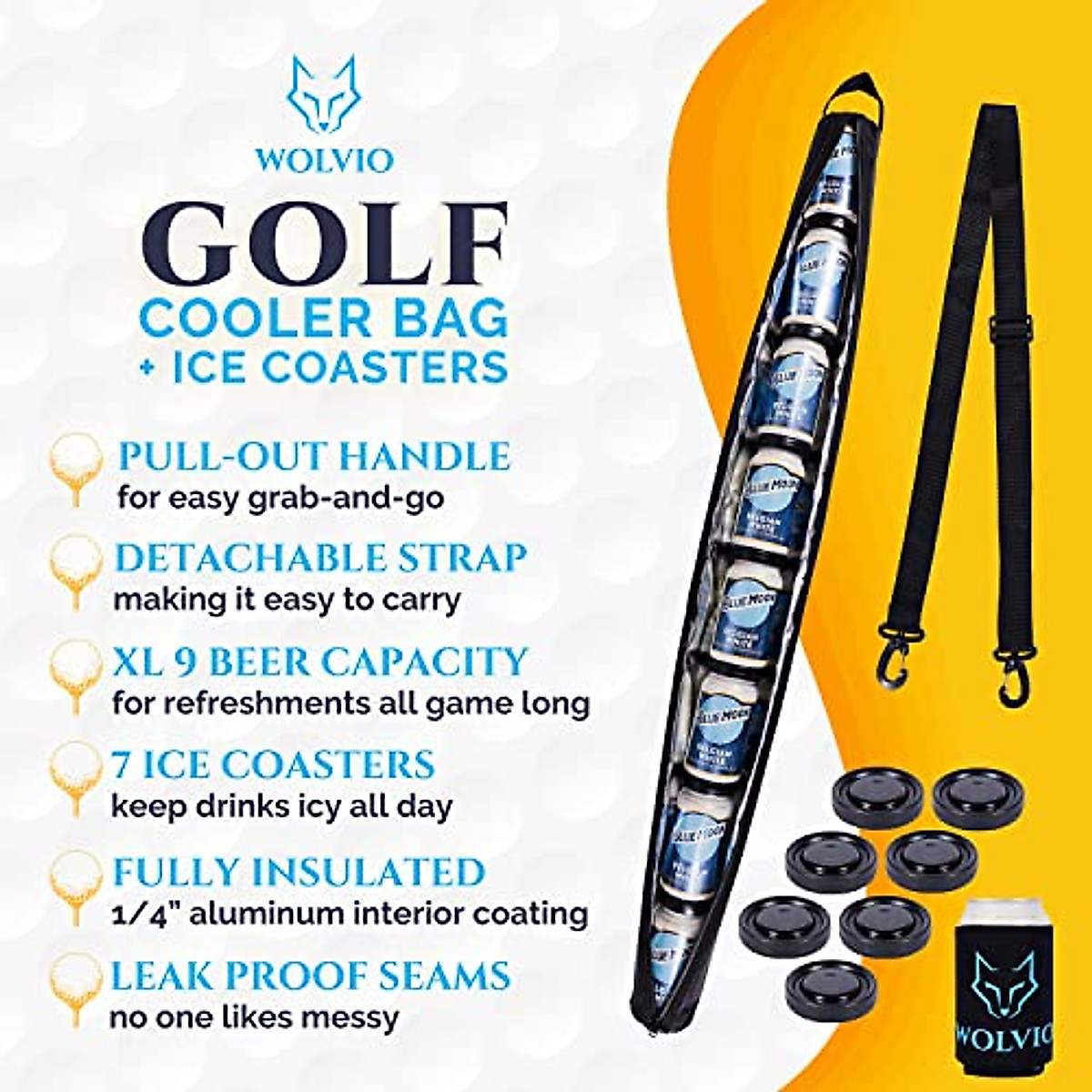 Super Large Golf Beer Sleeve for Golf Bag with 7 Reusable Cold Packs - XL-Size: 9 Cans Golf Cooler Bag - Great Golf Gift - Golf Bag Beer Cooler Sleeve - with Detachable Strap - Original Black