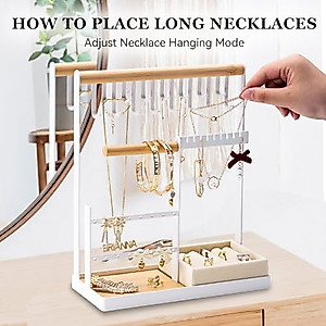 Jewelry Organizer Stand with Velvet Ring Holder, 4 Tier Jewelry Holder Organizer with 15 Hooks Necklace Organizer and Watch Bracket Holder, Jewelry Stand with 16 Holes for Earring Holder, White