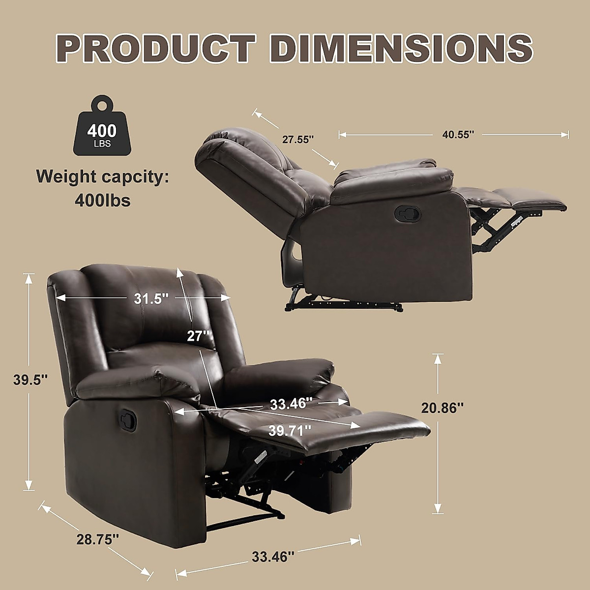 RISAR Oversized Rocker Recliner Chair, Ergonomic Nursery Manual Rocking Armchair Upholstered Thick backrest & Removable armrest Single Sofa Chair for Living Room (Dark Grey)