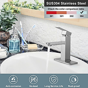 Homikit Brushed Nickel Single Handle Bathroom Faucet with Pop Up Drain, 1 or 3 Holes, Stainless Steel Vanity RV Lavatory Faucet with Deck Plate, 2 Water Supply Hoses