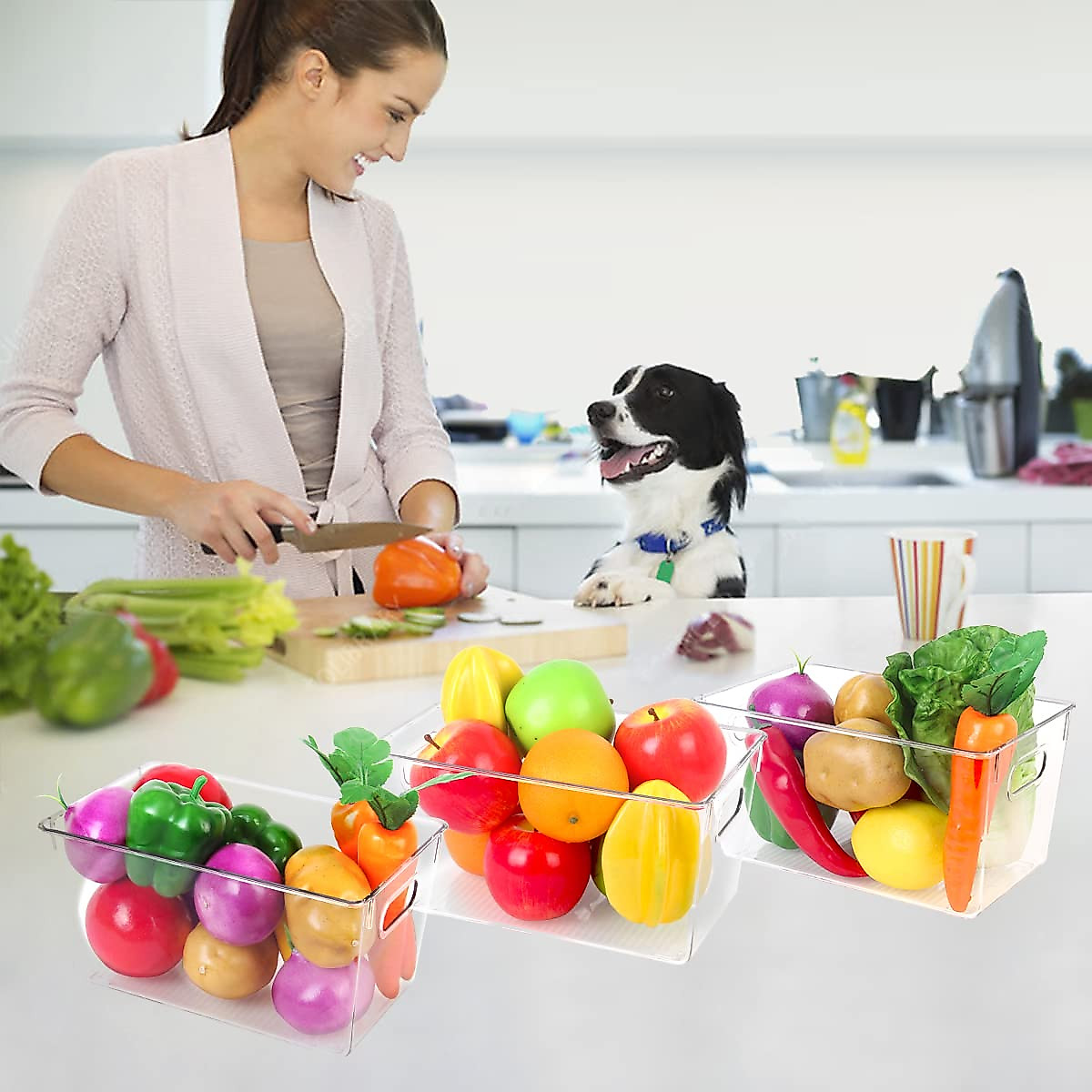 VZKAH Clear Plastic Organizer Bins 【6-Pack】– Shelf Storage Bins or Kitchen Organizing – Fridge Organizer, Pantry Organization and Food Storage Bins,Cabinet Organizers (9.32" L*5.23" W*4.52" H)