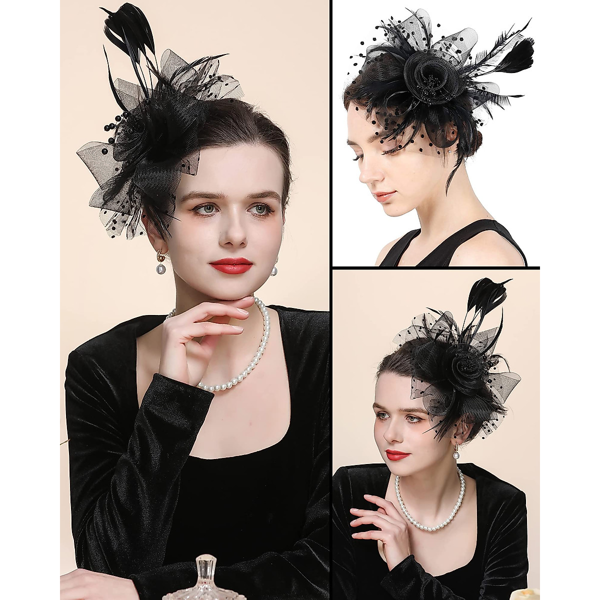 Bniksok Black Fascinator Hat for Women Tea Party Headpiece Horse Race Organza Headband Hair Clip Church Hat for Cocktail Wedding Halloween