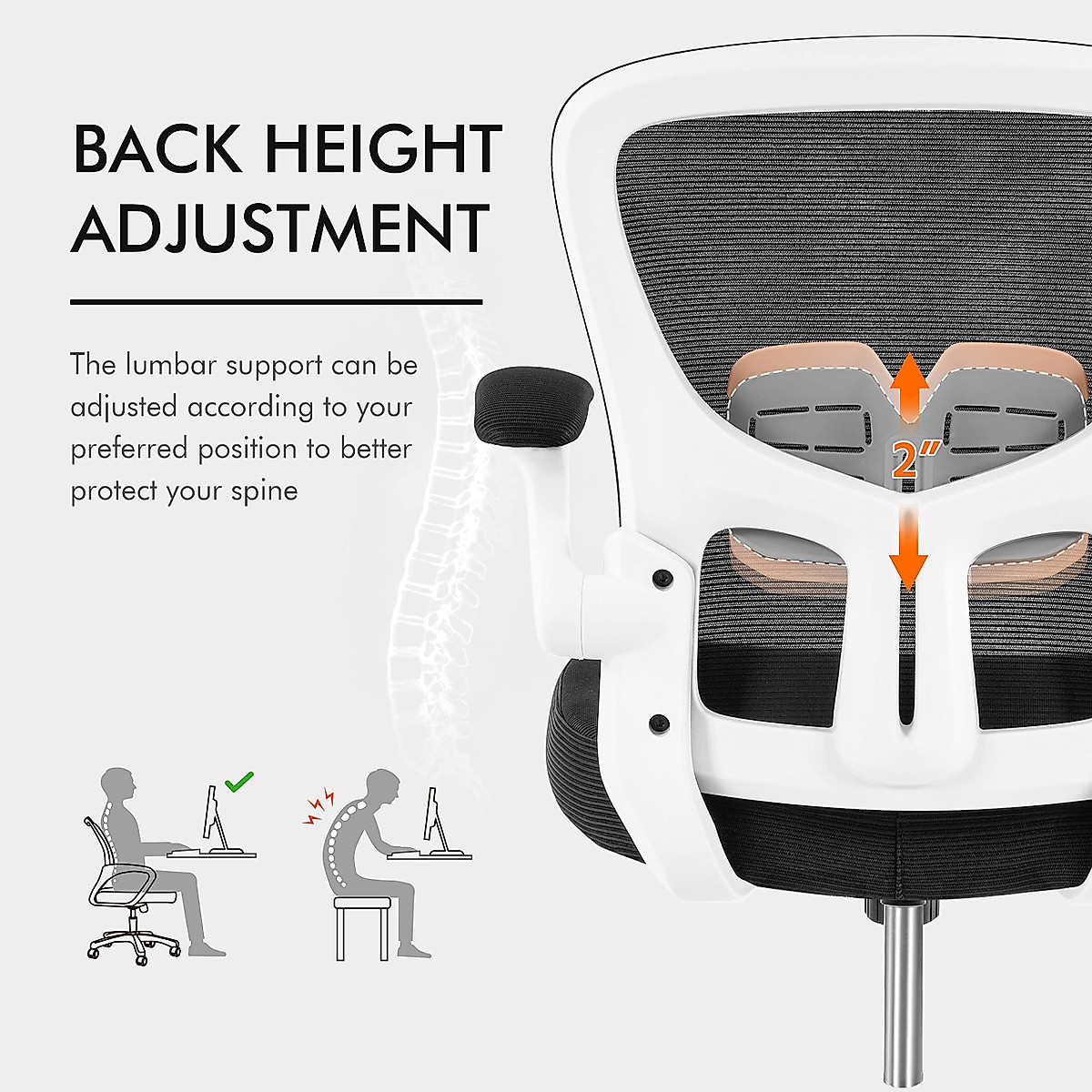 Yaheetech Ergonomic Office Chair, Swivel Task Chair with Adjustable Lumbar Support, Mid Back Mesh Computer Chair with Flip-up Armrests Padded Task Chairs, Executive Chair for Home Office White