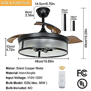 Depuley Industrial Ceiling Fan with Light, 42" Ceiling Fan with Retractable Blades, Vintage Acrylic Chandelier Fan Light Fixtures with Remote for Living Room, Kitchen, Bedroom, 5 E26 Base(No Bulb)