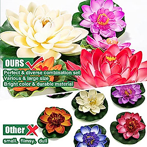 WhistenFla Artificial Lily Pads for Pond, 11in & 6in Artificial Flowers Floating Foam Lotus Flower with Fake Lily Pads, for Pool Garden Koi Fish Pond Aquarium Pool Wedding Decor, 14PCS