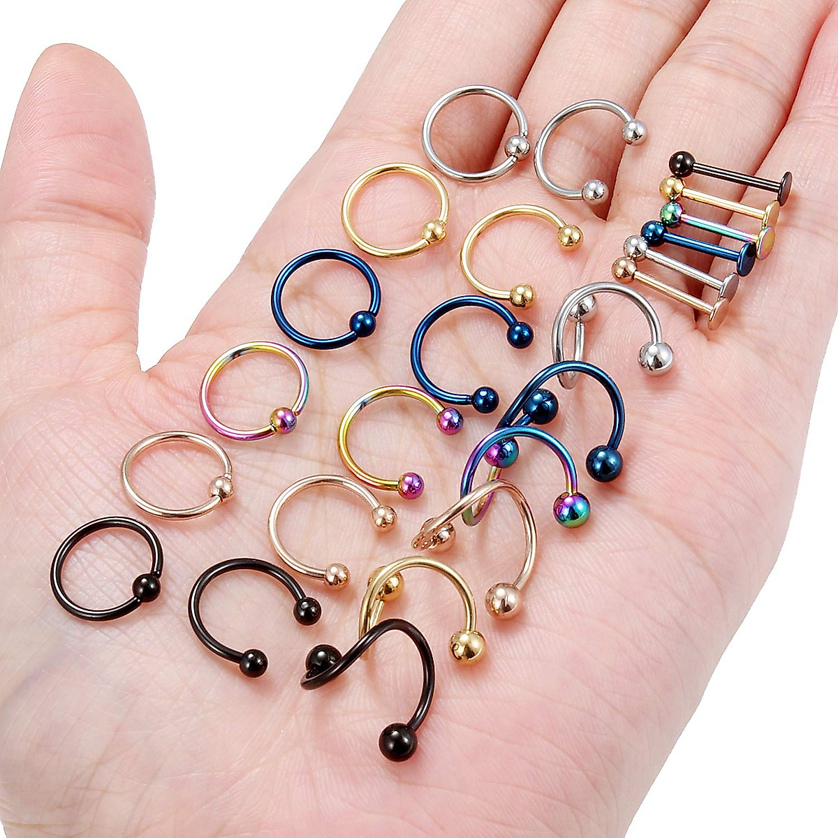 Hoeudjo 24PCS 16G Spiral Barbell Surgical Steel Twist Cartilage Helix Tragus Earring Lip Eyebrow Labret Hoop Rings Piercing Jewelry for Women Men 10mm