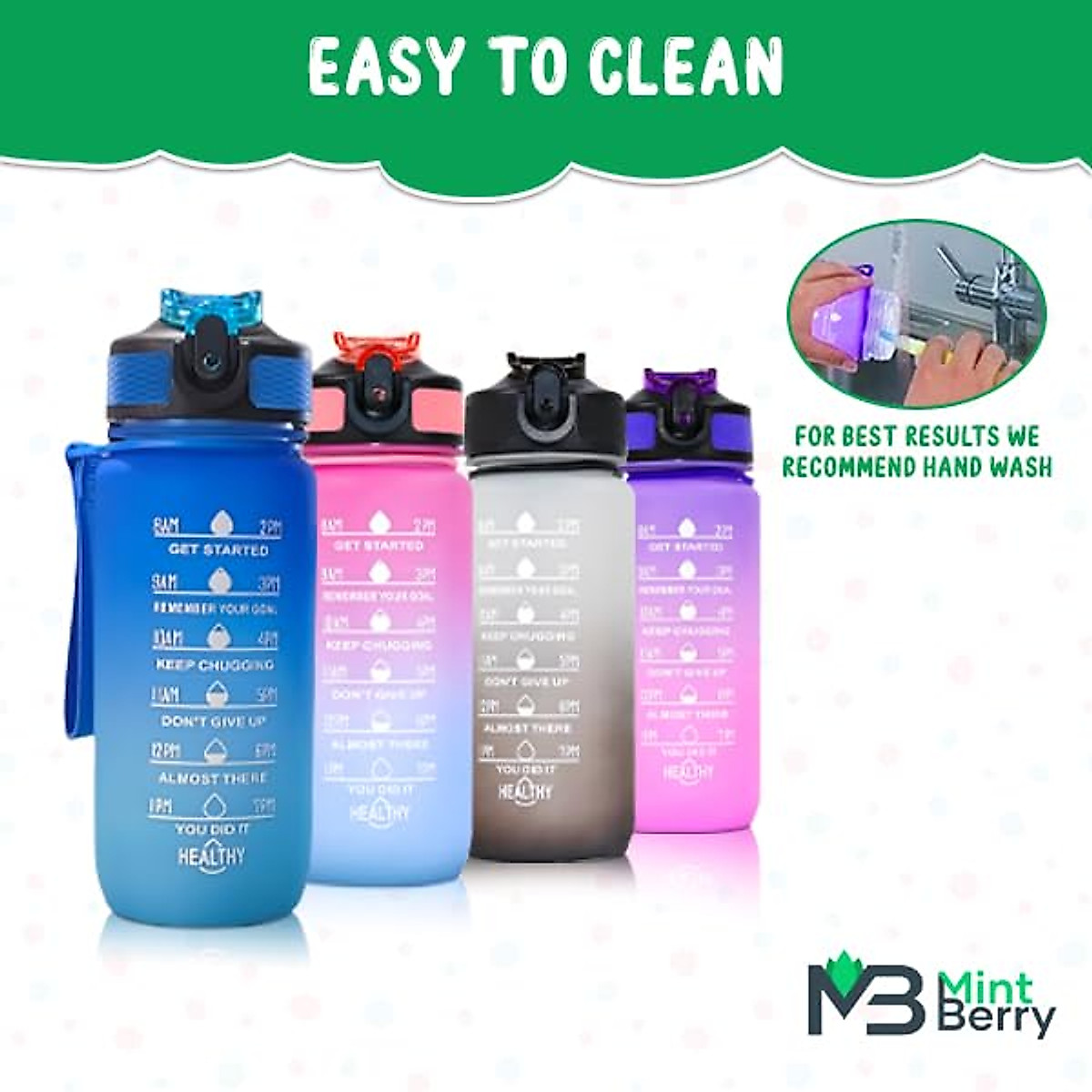 Mint Berry 2 Pack Bundle 20 Oz/Kid Water Bottle with Motivational Time Marker Straw Leakproof BPA Free Reusable Easy Carry Handle Strap For School All Day Drink & Sports Activities (Blue & Grey Black)