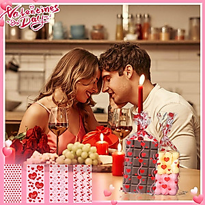 Biubee 160 Pieces Valentine Cellophane Bags- 4 Assorted Styles Valentines Favor Treat Gift Goodie Cello Bags Clear with 160pcs Twist Ties for Valentines Party Supplies Candy Cookies