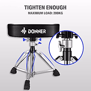 Donner Heavy Duty Drum Throne, Motorcycle Style Drum Seat, Widened Drum Chair with Upgraded Materials, Height Adjustable Padded Stool, Double Braced