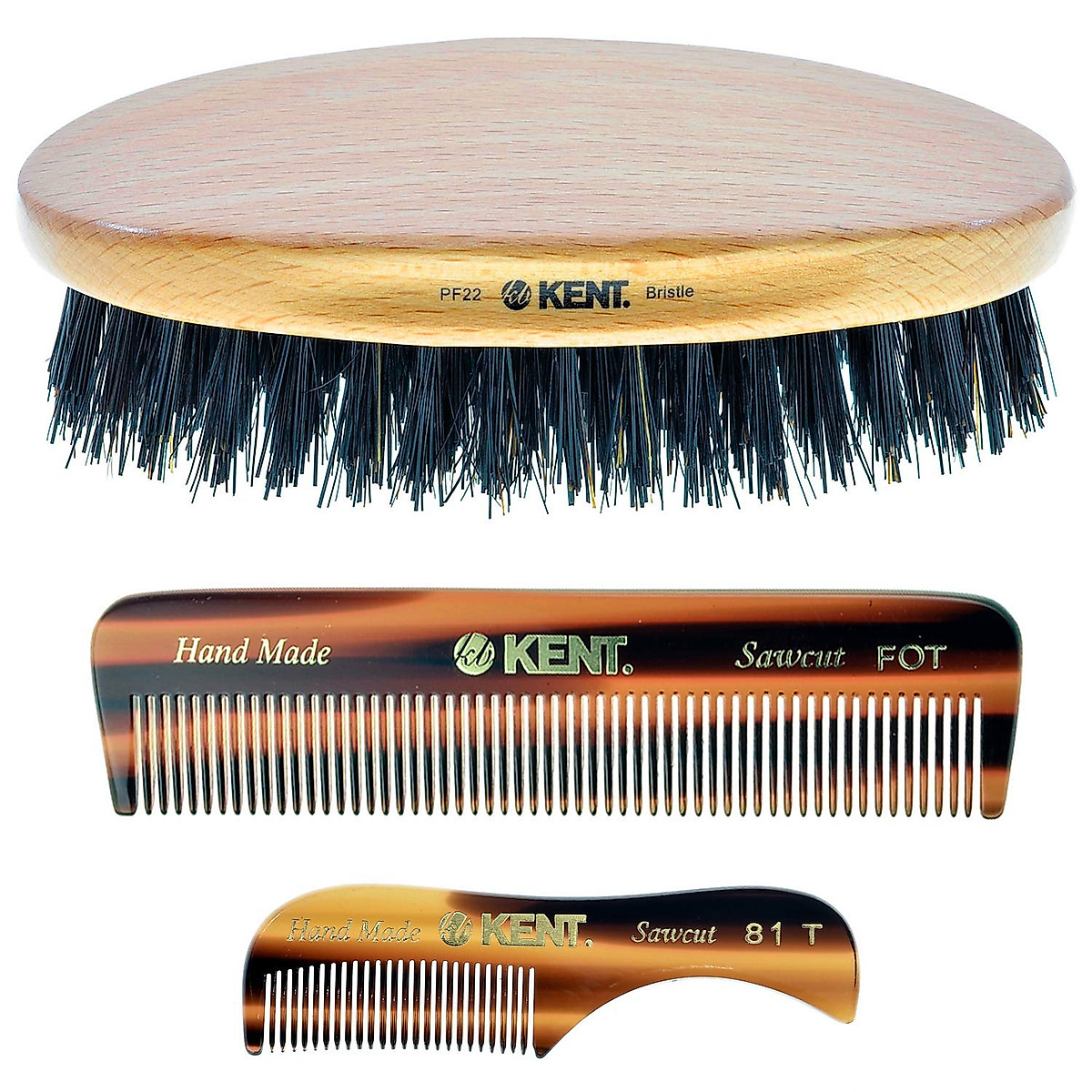 Kent Set of Combs - 81T Beard and Mustache Comb, FOT Pocket Comb, and PF22 Hair Brush - Best Beard and Mustache Grooming Kit, Travel and Home Beard Care Kit