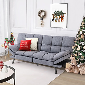 Hcore Convertible Futon Bed,Gray Fabric Memory Foam Loveseat Sofas, Pure Grey