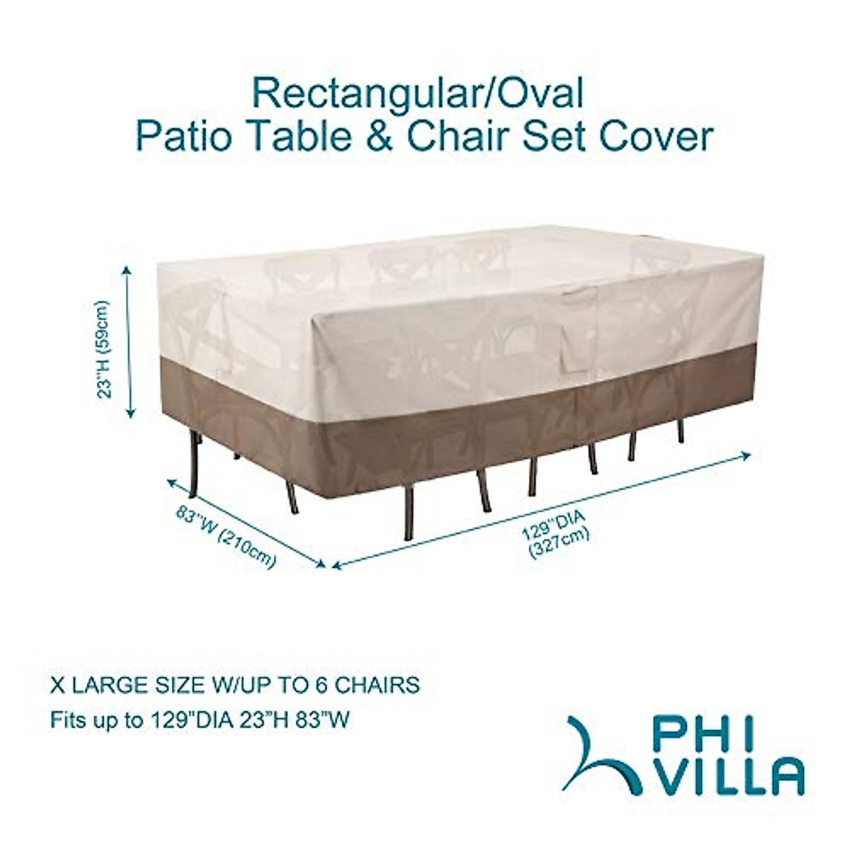 PHI VILLA Patio Table Set Covers Waterproof, Outdoor Dining Table and Chair Cover with Pop-up Supporter, Extra Large Rectangular Heavy Duty Patio Cover 129"L X 83"W X 23"H, Beige & Brown