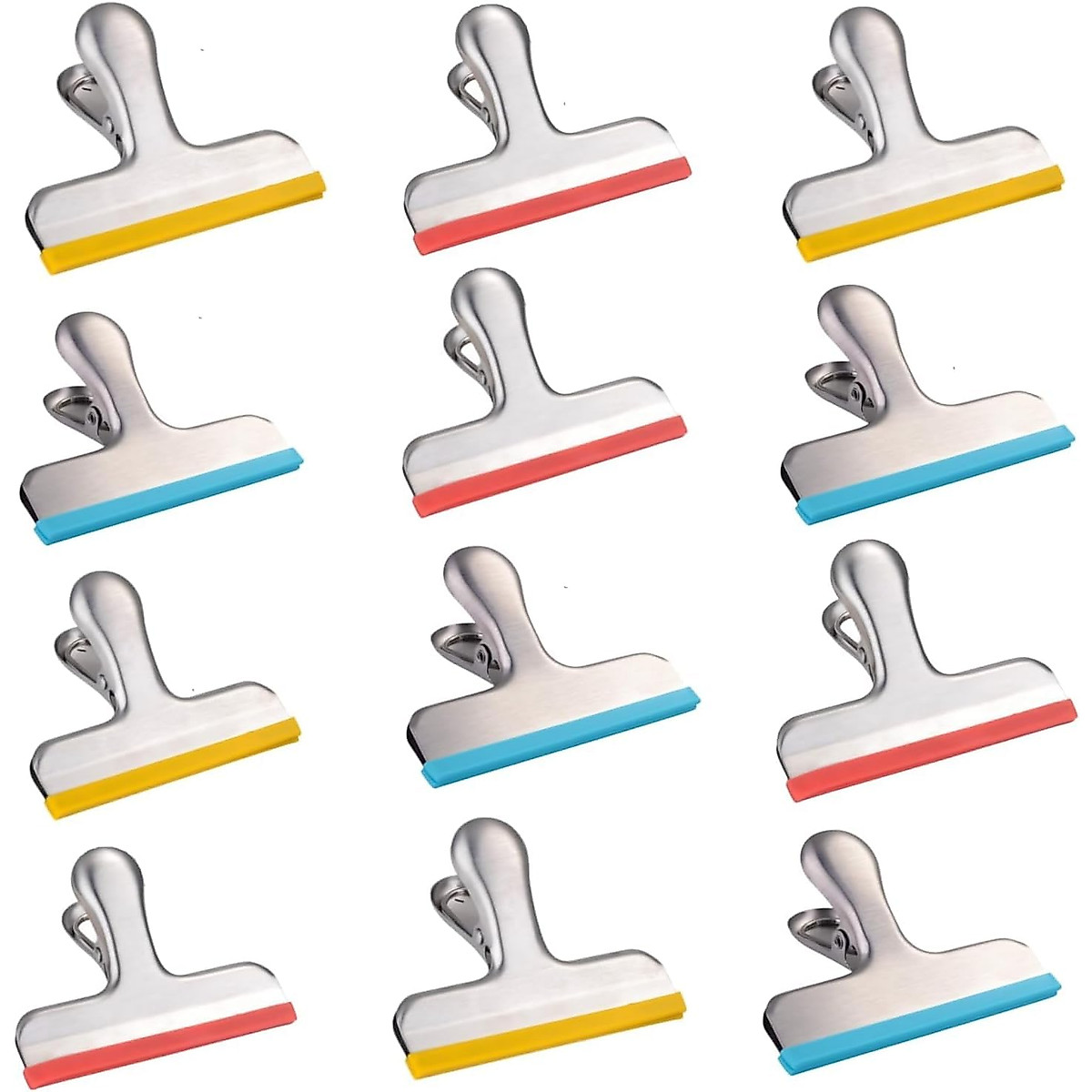 HOUSE AGAIN 12 Pack Chip Bag Clips Covered with Silicone - NO More Sharp Edges - Color Coded for Food Bags - Air Tight Seal, Heavy Duty, 3 Inches Wide