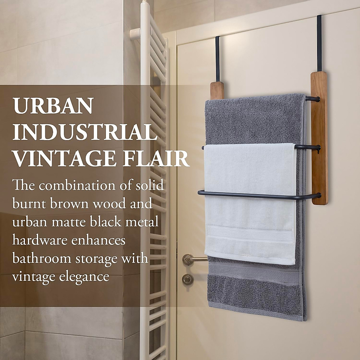 MyGift Rustic Over The Door Towel Rack, 3 Tier Solid Burnt Wood and Matte Black Metal Space Saving Bathroom Door Hanging Towel Bar