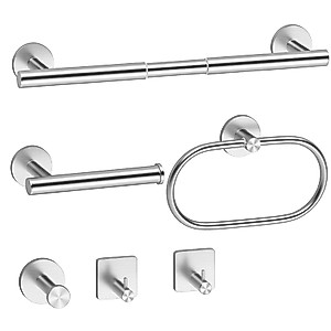 Bathroom Hardware Set, Brushed Nickel Bathroom Accessories, 6PCS Adjustable Towel Holder Set, Expandable Tower Bar, Adhesive Toilet Paper Holder, Stainless Steel Towel Rack, Towel Ring, Hooks,No Drill