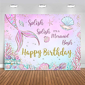 Wollmix Mermaid Happy Birthday Backdrop Decoration Banner 10x7ft Girls Under The Sea Fish Tail Princess Photography Background Party Cake Table Photo Booth Studio Props Supplies