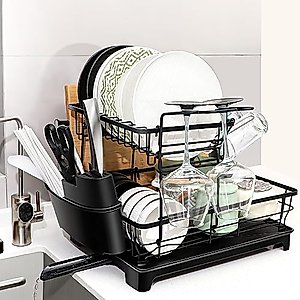 KesaPlan Dish Drying Rack with Drainboard, 2-Tier Saving Dish Racks for Kitchen Counter, Stainless Steel Large Dish Strainer for Sink with Utensil Holder,Wine Glass,Cup Holder,Cutting-Board Holder