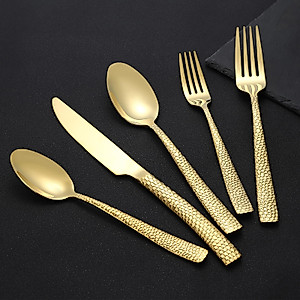 20-Piece Gold Silverware Set, Heavy Duty Hammered 18/10 Stainless Steel Flatware Set for 4, Food-Grade Cutlery Set, Tableware Set Including Fork Knife Spoon Set,Dishwasher Safe