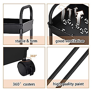 WASJOYE 3-Tier Plastic Rolling Utility Cart with Handle, Black Home Kitchen Office Storage Trolley Cart with Wheels (14 * 8.9 * 33.5 Inch)