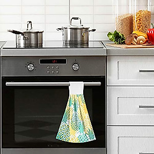 Summer Pineapple Kitchen Hanging Towel Tropical Fruits Leaves Hand Tie Towels Set 2 Pcs Tea Bar Dish Cloths Dry Towel Soft Absorbent Durable for Bathroom Laundry Room Decor
