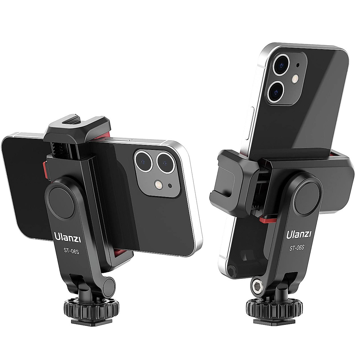 ULANZI Phone Tripod Mount ST-06S, New Universal Smartphone Mount Adapter with 2 Cold Shoe, 360° Rotates Adjustable Cell Phone Clip Clamp Holder, Compatible with iPhone, Samsung Galaxy and All Phones