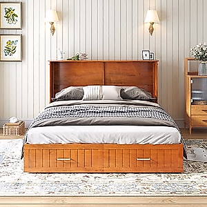 MUZZ Queen Size Murphy Cabinet Bed with Memory Foam Mattress, Charging Station and Large Drawer (Queen, Cherry with Handles)