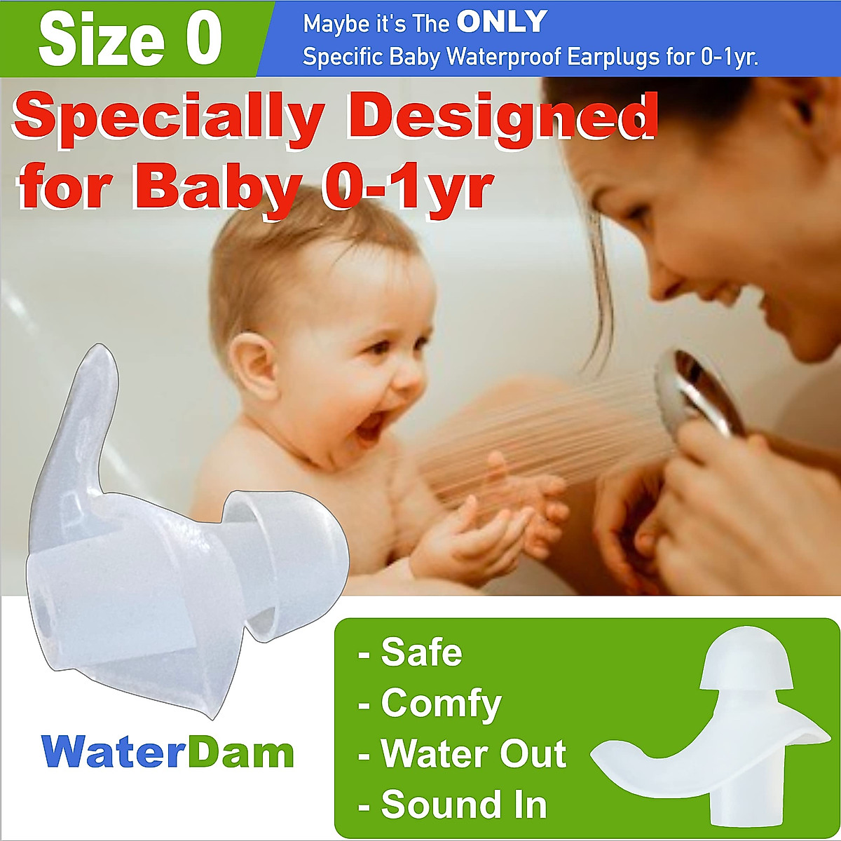 WaterDam Swimming Ear Plugs Great Waterproof Ultra Comfy Earplugs Prevent Swimmer's Ear (Size 0+0: Infants 0-12months (Clear Clear))