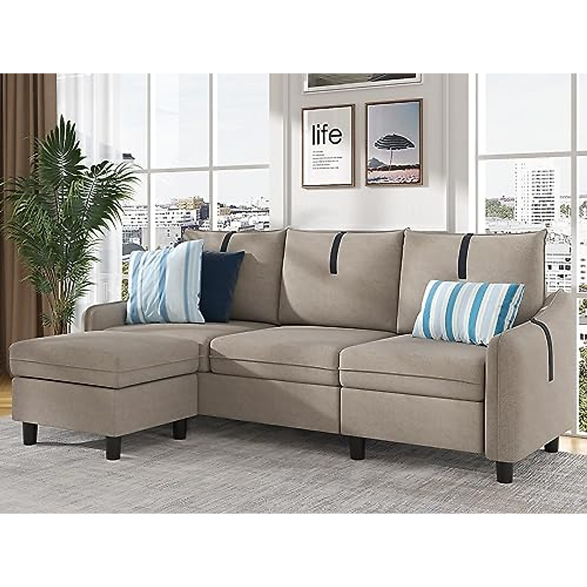 Pingliang Home 80" Sectional Sofas for Living Room, 3 Seat L Shaped Couch with Reversible Ottoman, Modern Linen Fabric Small Sectional Couch for Apartment Small Space, Beige