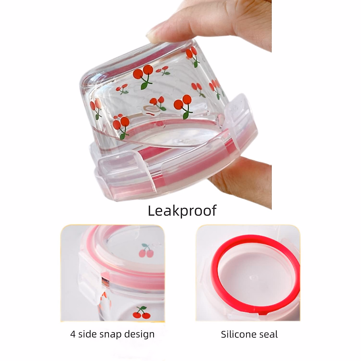 2 Pack 4 OZ Mini Glass Food Storage Containers with Lids,Square Round Cherry Food Jars Small Glass Container for Food Portion,Sauce,Snack,Yogurt,Airtight,Freezer Microwave Safe(red)