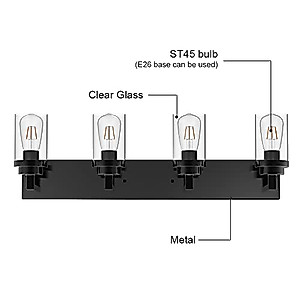MELUCEE 4-Light Vanity Lights Over Mirror, Farmhouse Bathroom Light Fixtures Black with Clear Glass Shade, Industrial Wall Mount Lamp for Bedroom Kitchen Hallway