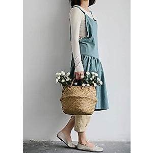Women's Pinafore Square Cross Back Cotton Linen Japanese Apron Garden Work Plus Size Midi Bib Dress With Pockets for Cooking Painting