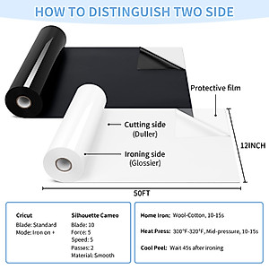 VinylRus Heat Transfer Vinyl-12” x 50ft Black and White Iron on Vinyl Roll for Shirts, HTV Vinyl for Silhouette Cameo, Cricut, Easy to Cut & Weed