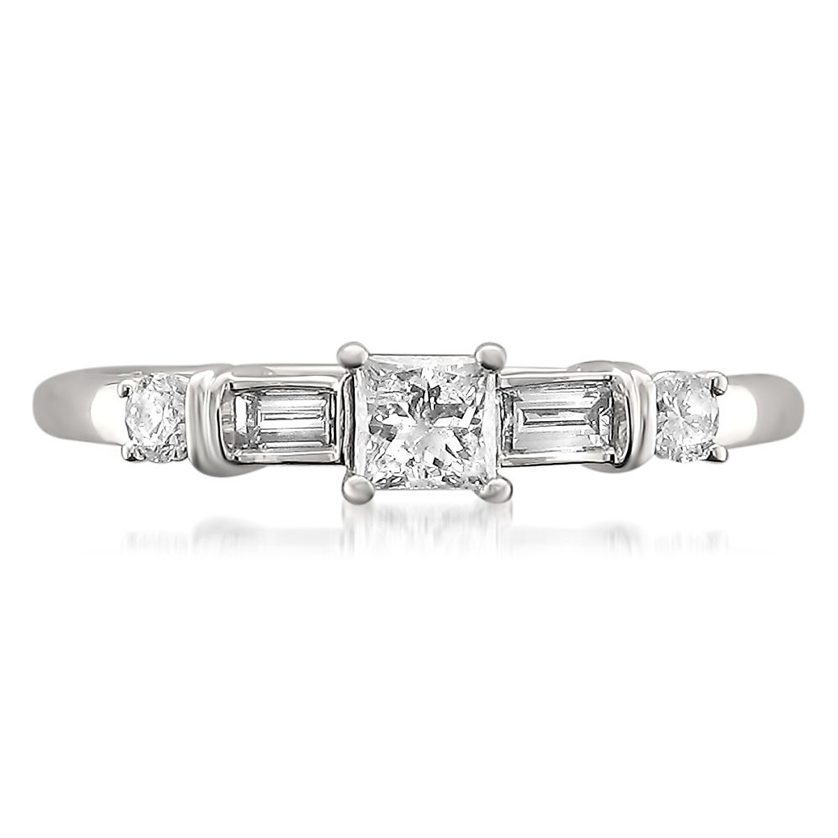 Beyond Brilliance 1/2 Carat Diamond, Prong-Set 14K White Gold Princess Cut, Baguette & Round Diamond Engagement Wedding Ring (I-J, I1-I2)