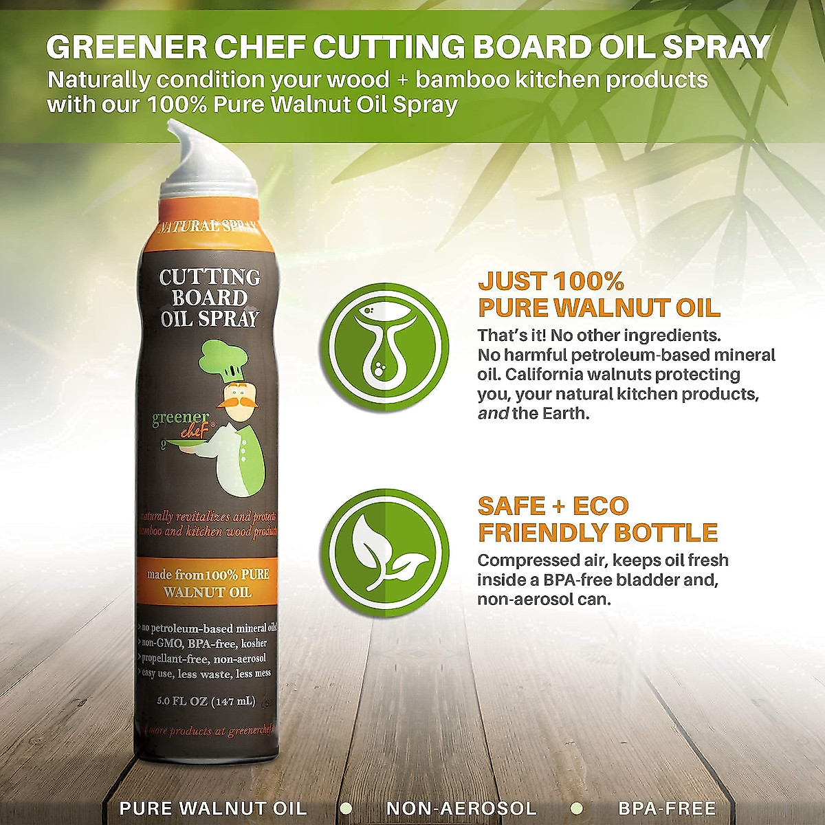 XXXL Bamboo Cutting Board and Food Grade Oil Spray by Greener Chef