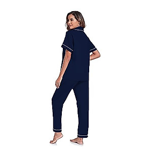 COLORFULLEAF Women's 100% Cotton Pajama Set Summer Button Down Short Sleeve Shirt and Long Pants Sleepwear Soft Lounge Sets(Navy Blue, L)