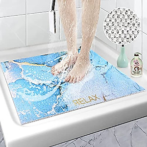 Square Shower Mat Non Slip, 24x24 inch, PVC Loofah Shower Floor Mat with Drain, Soft Comfort Bath Mat Massage Bathtub Mat for Shower, Bathroom, Quick Drying (24”x24”, Relax Waves)