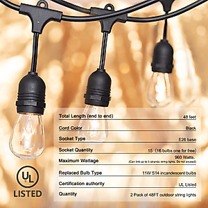 ZOXJOY Outdoor String Lights Weatherproof Strand Edison 15+1 Bulbs, 50FT UL Listed Heavy Duty Decorative Café Market Patio Lights for Bistro Garden Porch